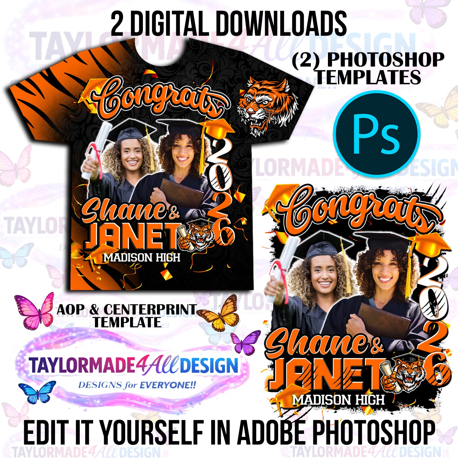 Digital Photoshop 3D Tiger 2026 Graduation Editable Template for Subli ...